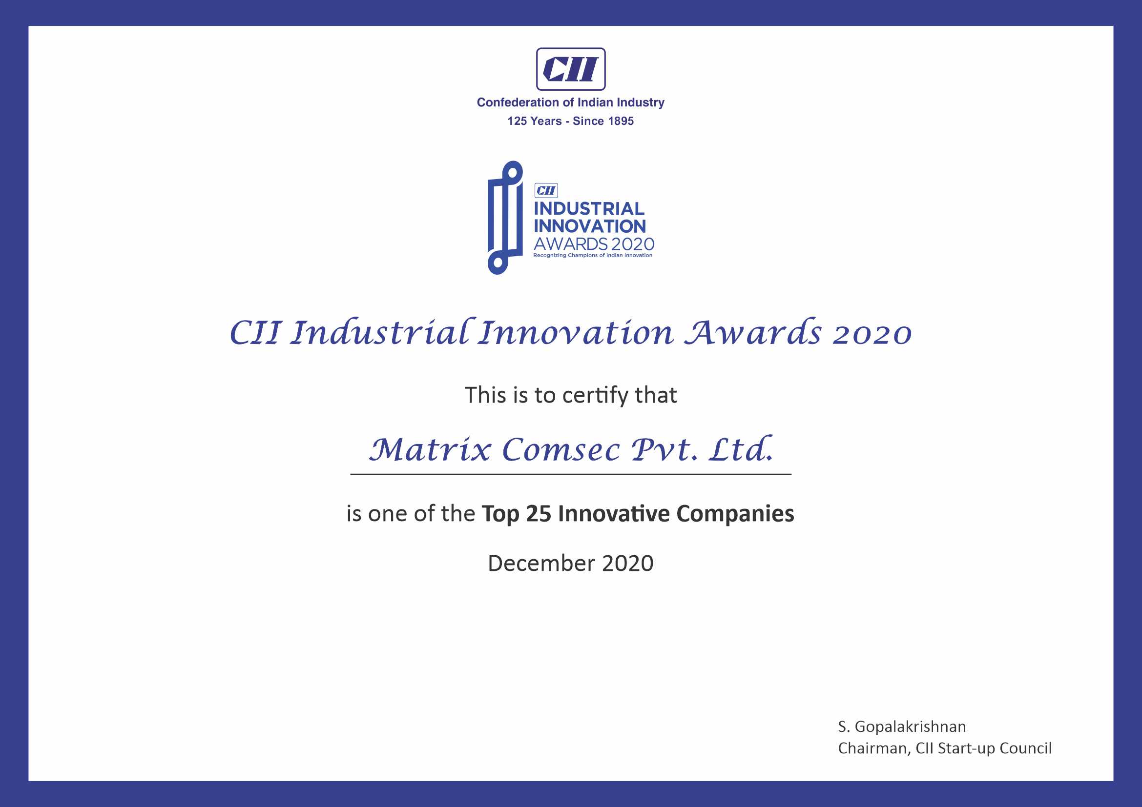 Matrix Comsec bags CII Industrial Innovation Award 2020 - Electronics Maker